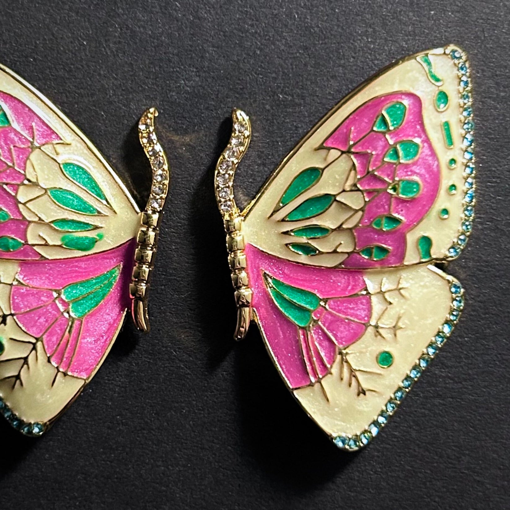 Butterfly Cream & Hot Pink Cloisonné Enamel Gold Earrings