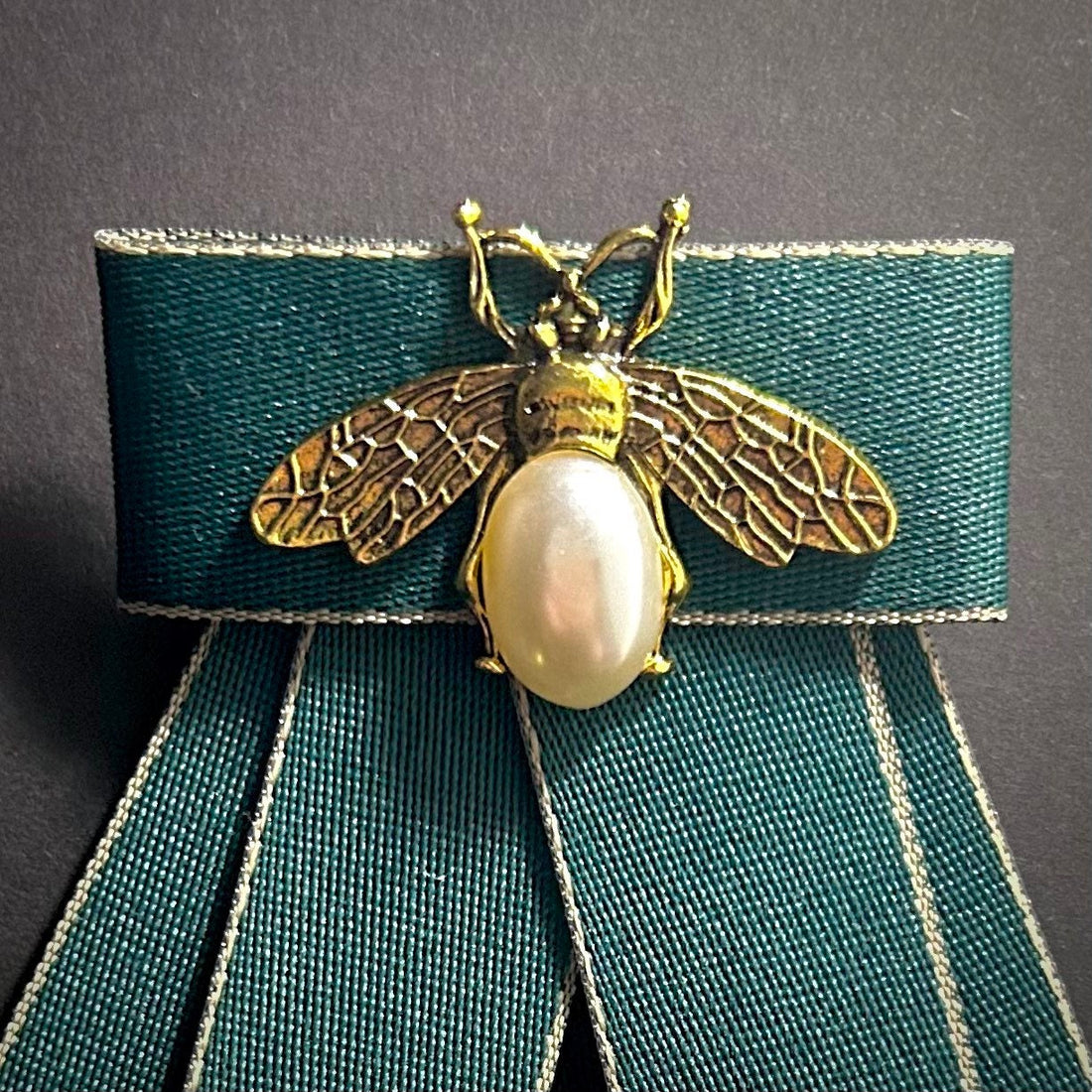 Gold & Pearl Bee Brooch with Dark Green Grosgrain Ribbon Bow